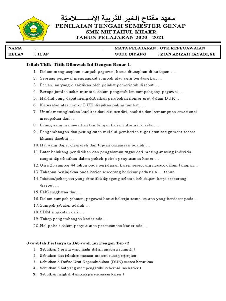 Soal Pts Genap Otk Kepegawaian | PDF
