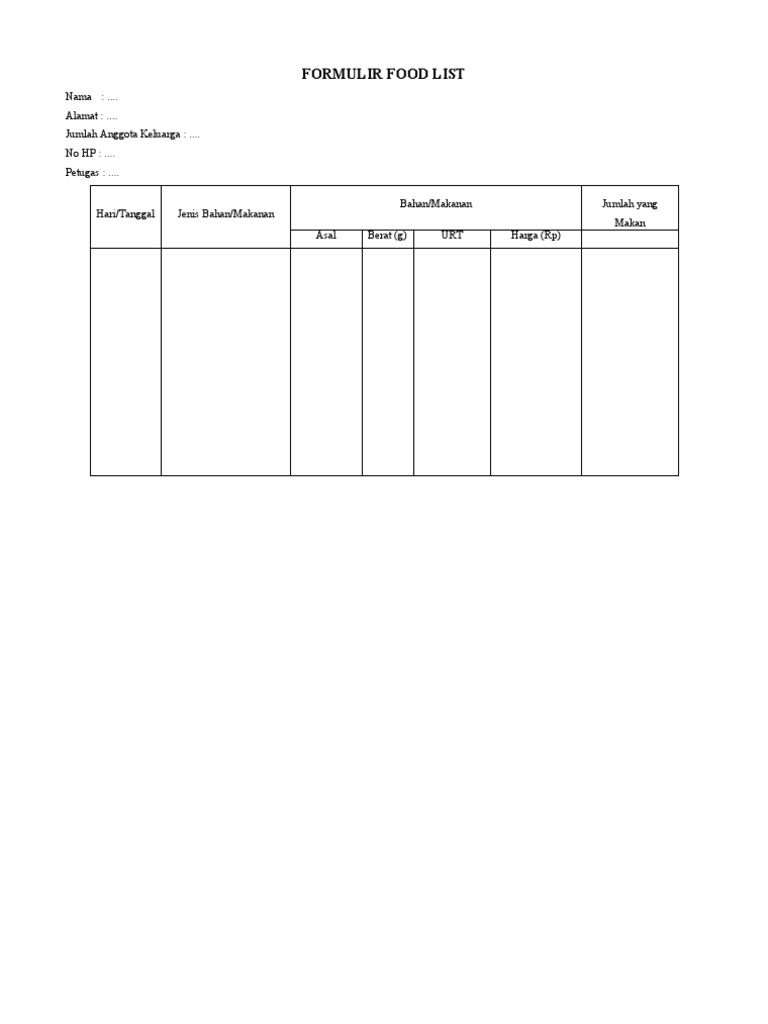 Formulir Food Listdocx | PDF