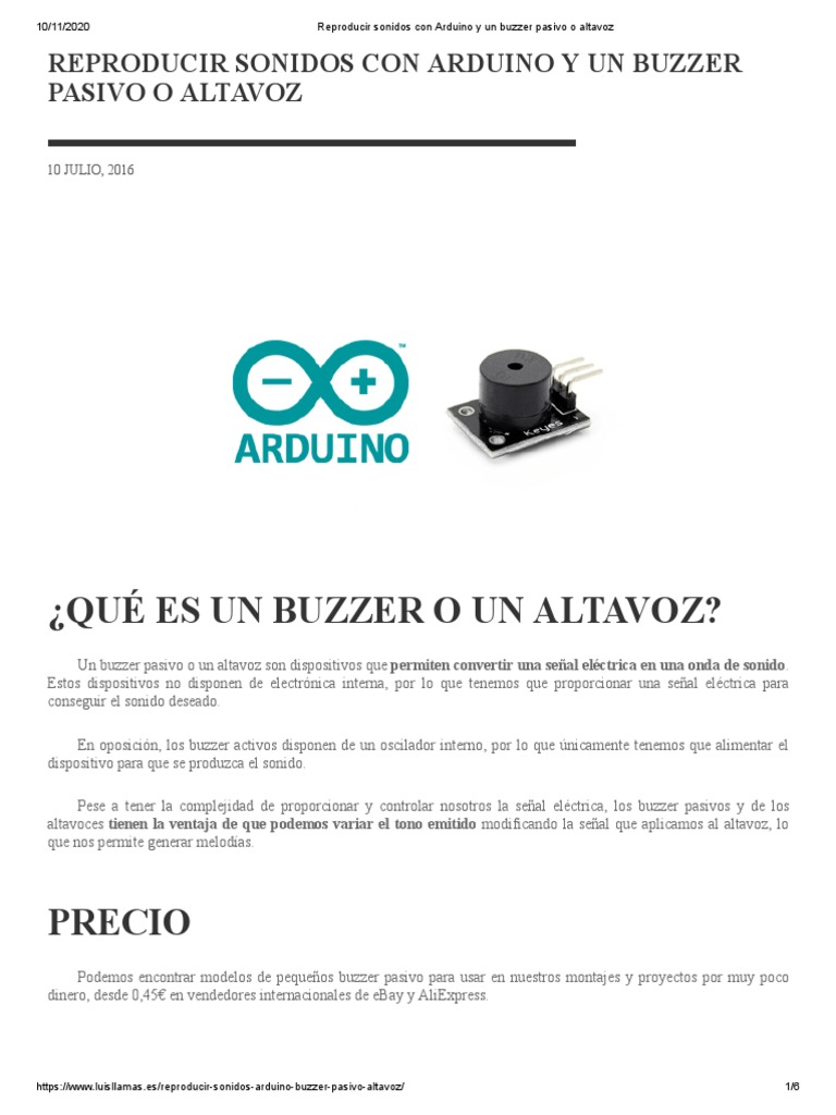 Reproducir Sonidos Con Arduino y Un Buzzer Pasivo o Altavoz | Descargar gratis PDF ...
