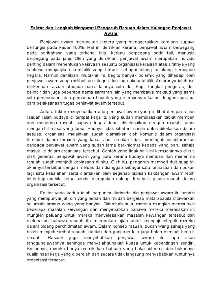 Faktor Dan Langkah Mengatasi Pengaruh Rasuah Dalam Kalangan Penjawat ...