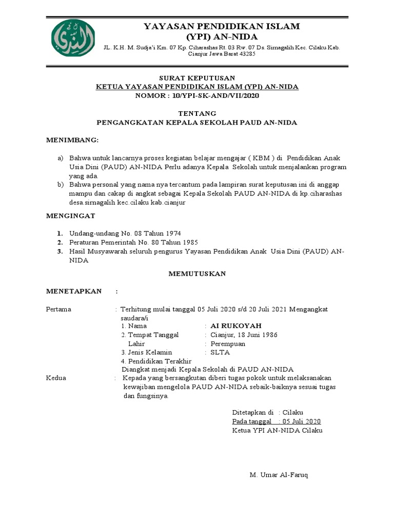 Contoh SK Paud | PDF