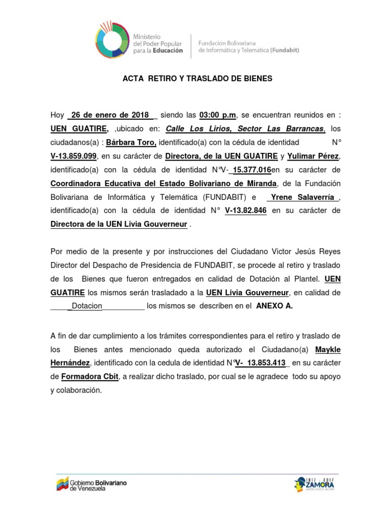 Acta de Retiro y Traslado de Bienes Nacionales Fundabit | PDF