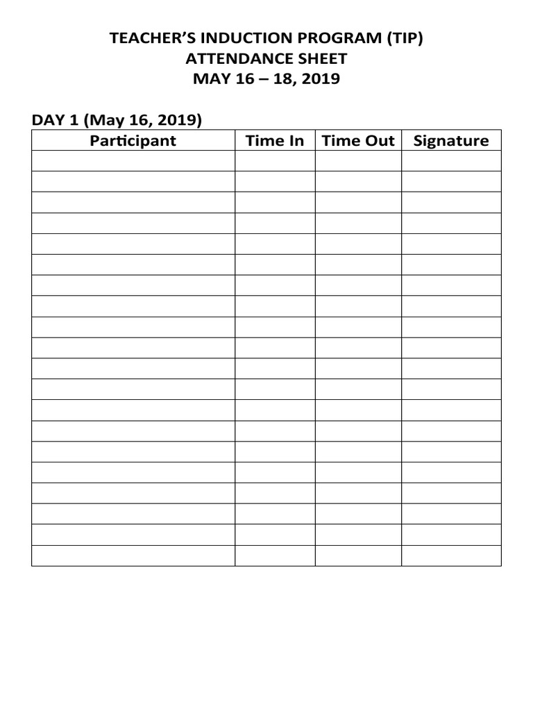 Teacher'S Induction Program (Tip) Attendance Sheet MAY 16 - 18, 2019 ...