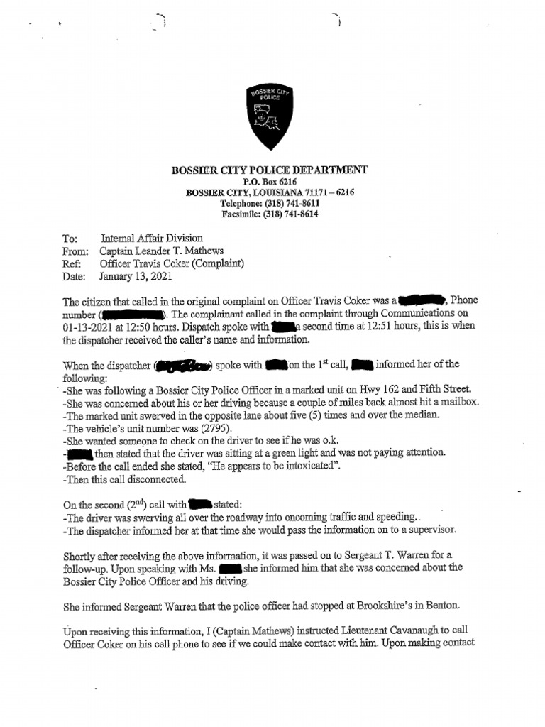 Letter From Officer Travis Coker's Supervisor To BCPD's Internal ...