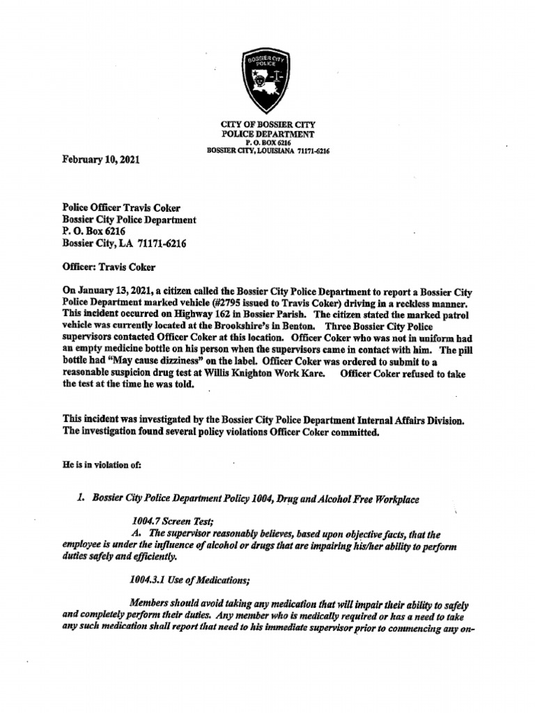 BCPD Officer Travis Coker Termination Letter | PDF