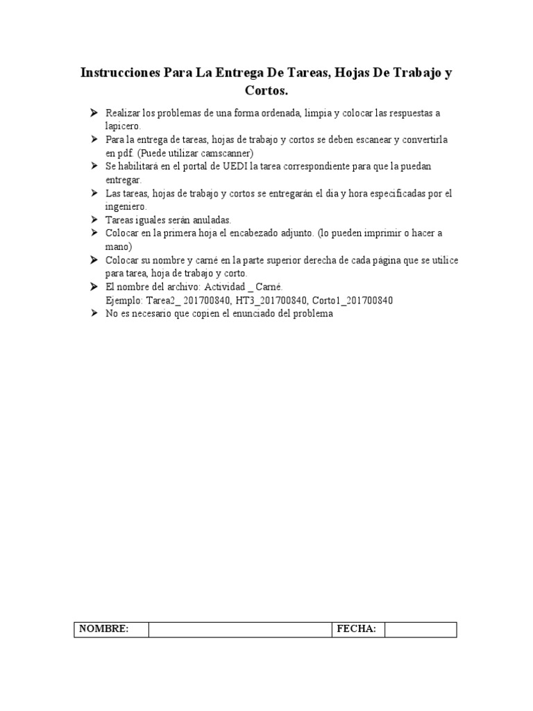 Instrucciones para La Entrega de Tareas y Hojas de Trabajo | PDF