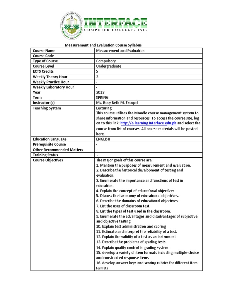 Measurement & Evaluation Syllabus | PDF | Educational Assessment | Test ...