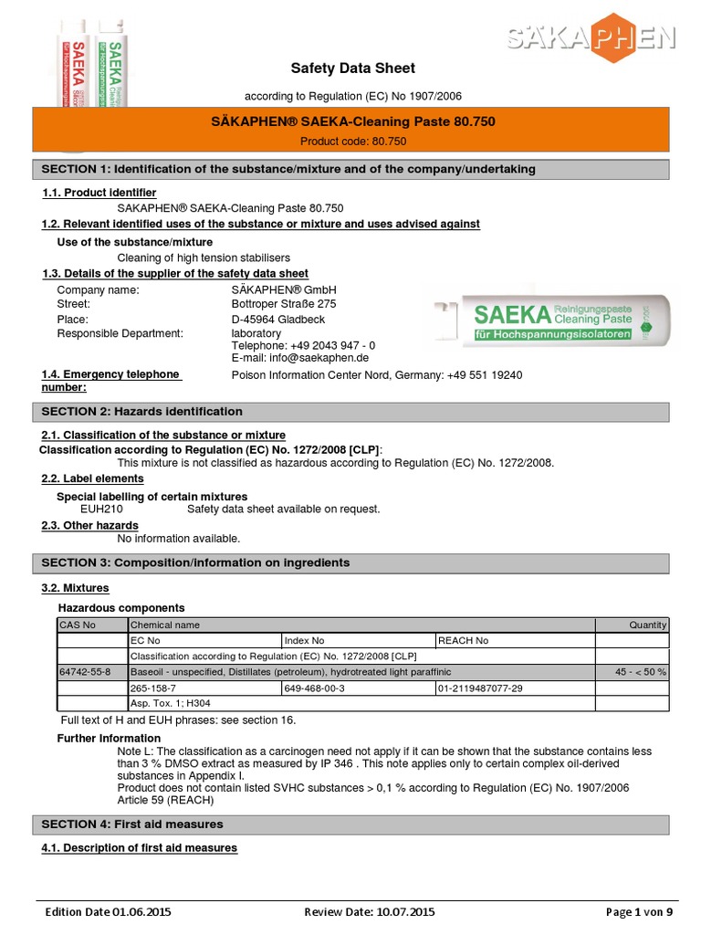 MSDS SAEKA-Cleaning Paste | PDF | Dangerous Goods | Toxicity