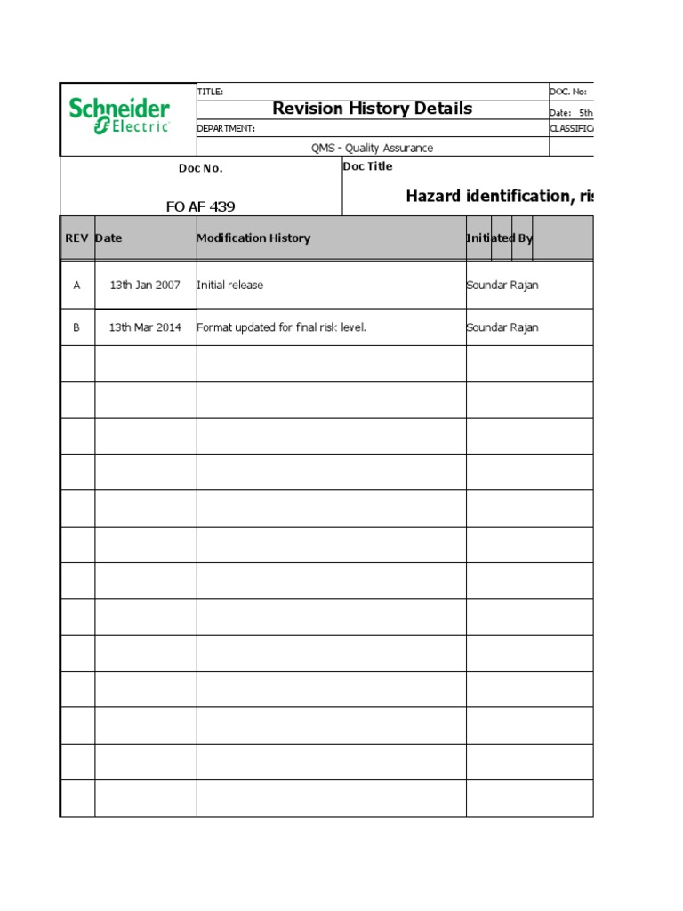 Revision History Details: Hazard Identification, Risk Assessment and ...