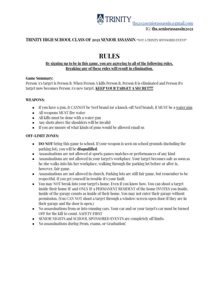 Trinity High School Class of 2021 Senior Assassin Rules-3 | PDF ...