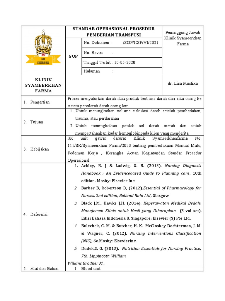 Standar Operasional Prosedur Pemberian Transfusi | PDF