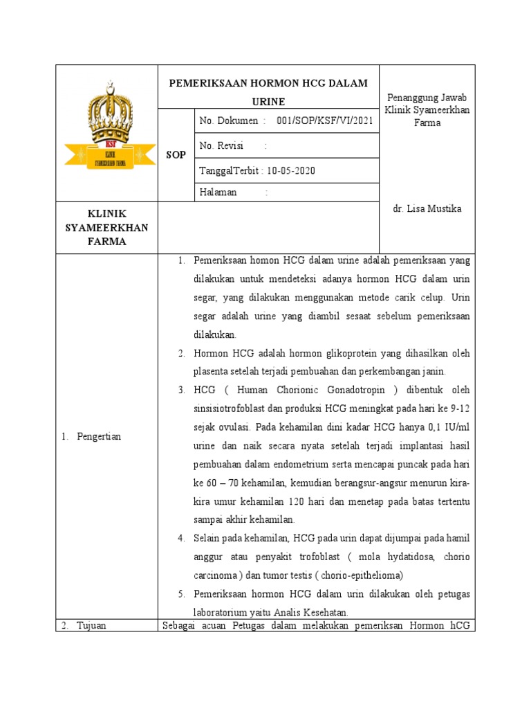 Sop Pemeriksaan Hormon HCG Dalam Urine | PDF