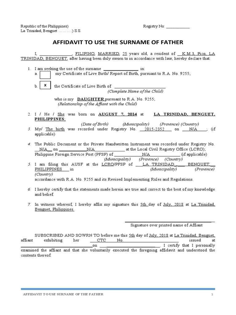 Affidavit for Father's Surname Use | PDF | Affidavit | Document
