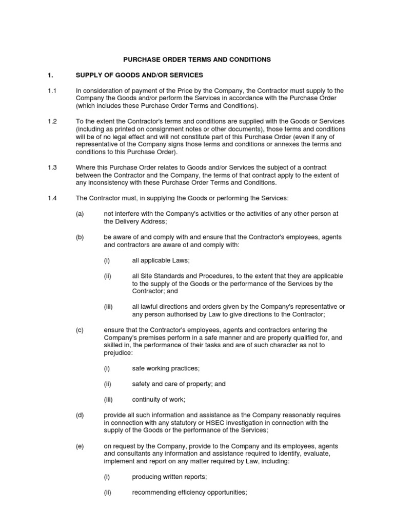 Purchase Order Terms and Conditions 1. Supply of Goods And/Or Services ...