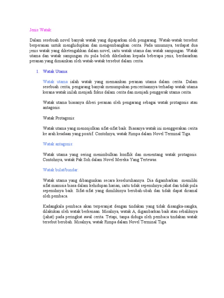 Nota Jenis Jenis Watak | PDF