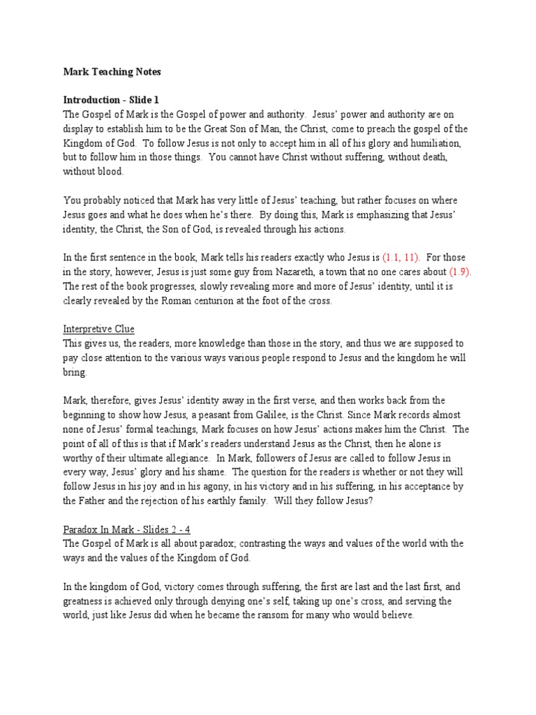 Mark Teaching Notes - 2019 Update | PDF | Gospel Of Mark | Ministry Of ...