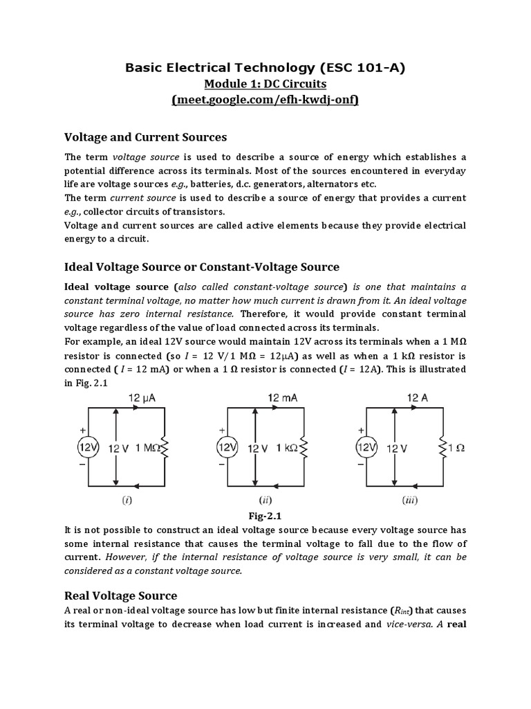 Basic Electrical Technology (ESC 101-A) Module 1: DC Circuits Voltage ...