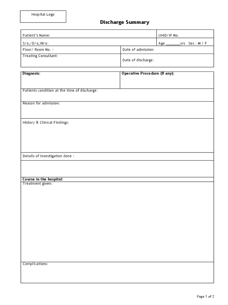 Discharge Summary: Diagnosis: Operative Procedure (If Any) | PDF