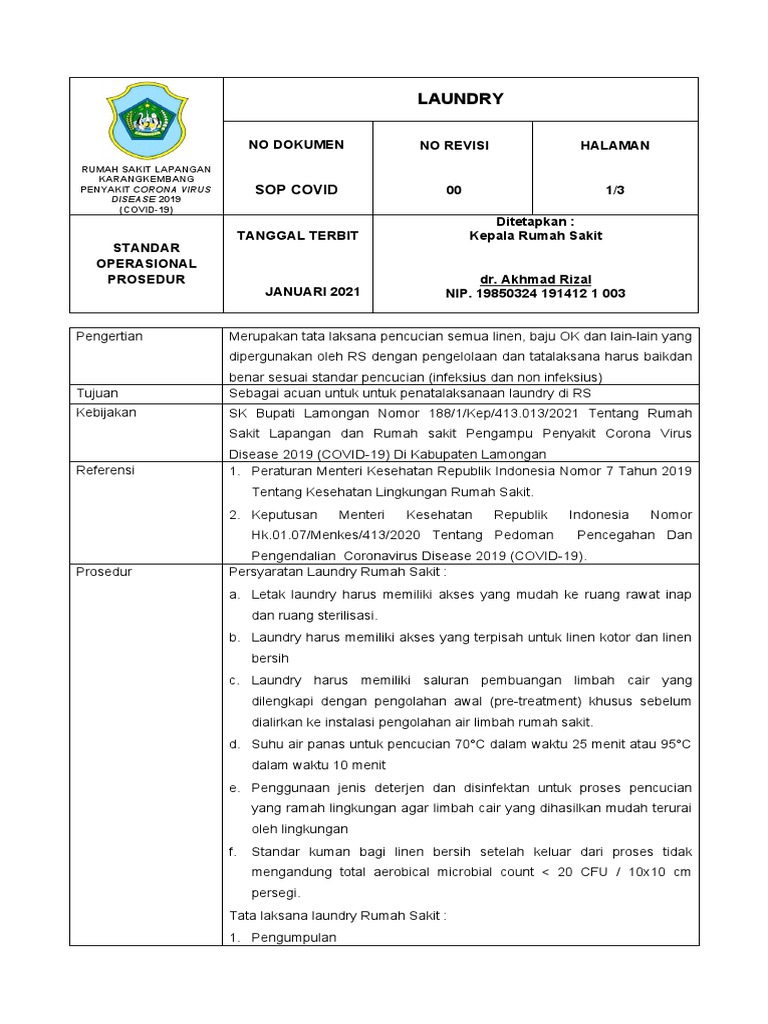 SOP Laundry Rumah Sakit COVID-19 | PDF