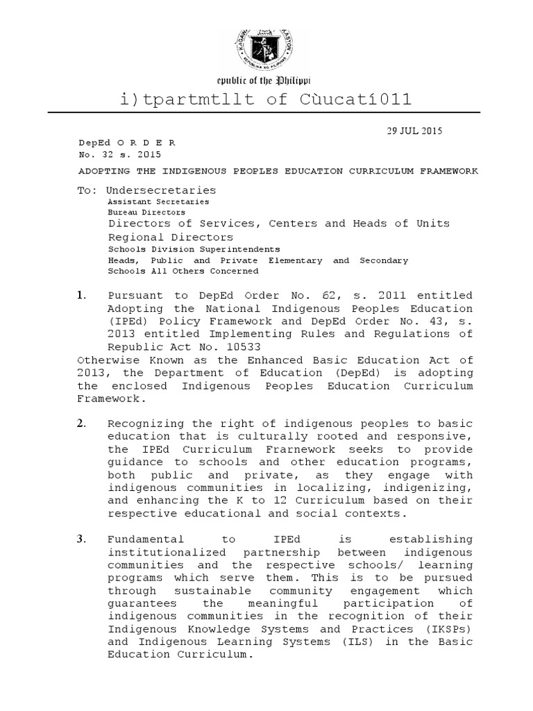 I) Tpartmtllt of Cùucatí011: 29 JUL 2015 Depedorder Adopting The ...