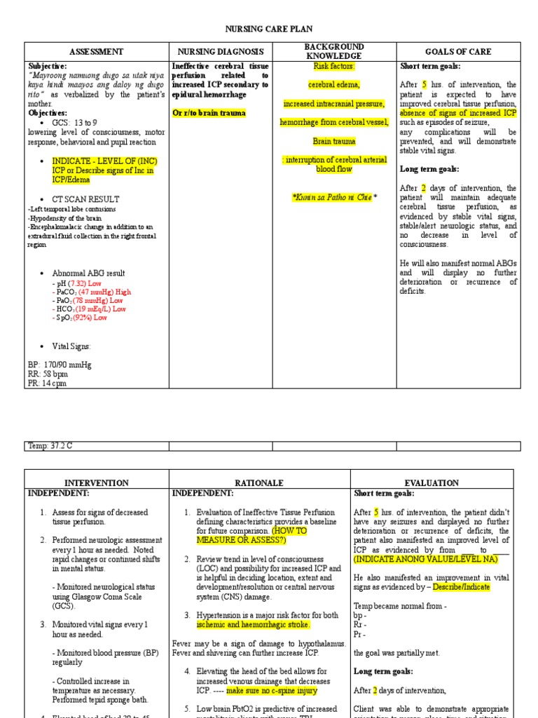 NCP 2ND Ineffective Cerebral Tissue Perfusion | PDF | Traumatic Brain Injury | Diseases And ...