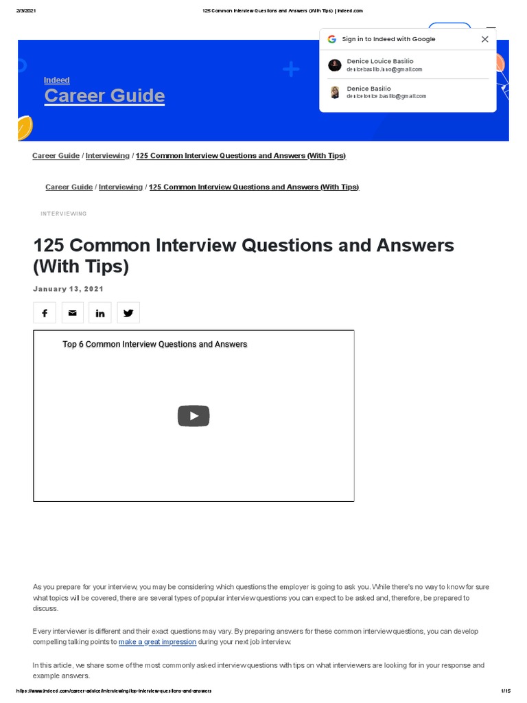 125 Common Interview Questions and Answers (With Tips) | PDF ...