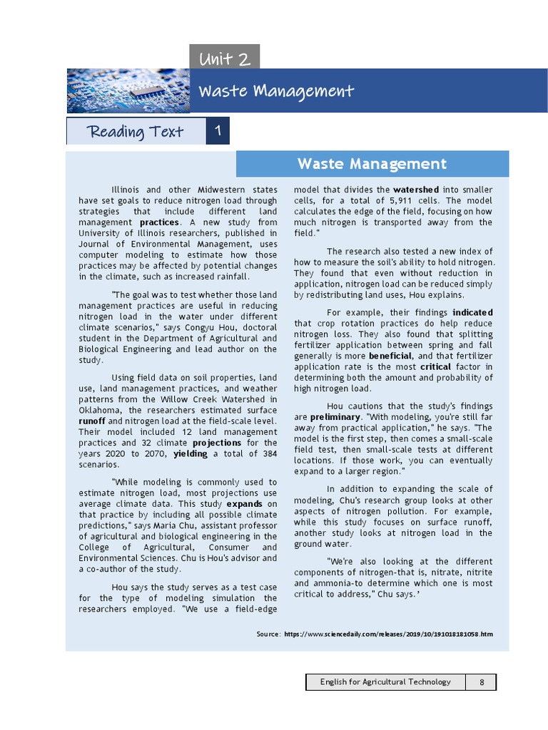 Unit 2 Waste Management: Reading Text | PDF | Surface Runoff | Agriculture