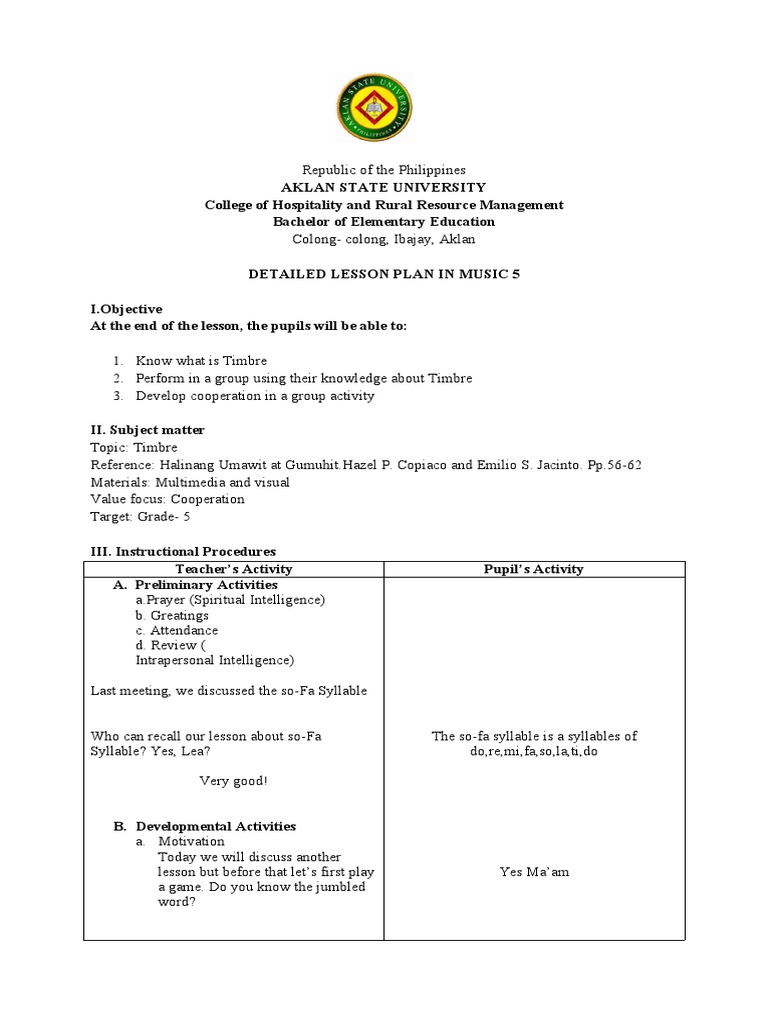 Detailed Lesson Plan in Music 5 | PDF | Musical Instruments | Sound