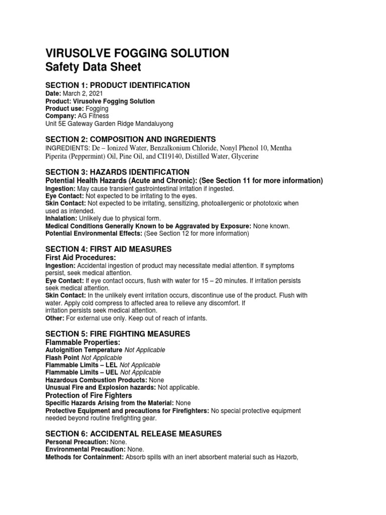 Virusolve Safety Data Sheet | PDF | Waste Management | Firefighting