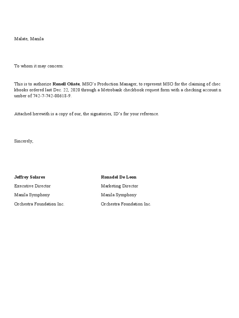 Authorization Letter For Checkbook Claiming | PDF