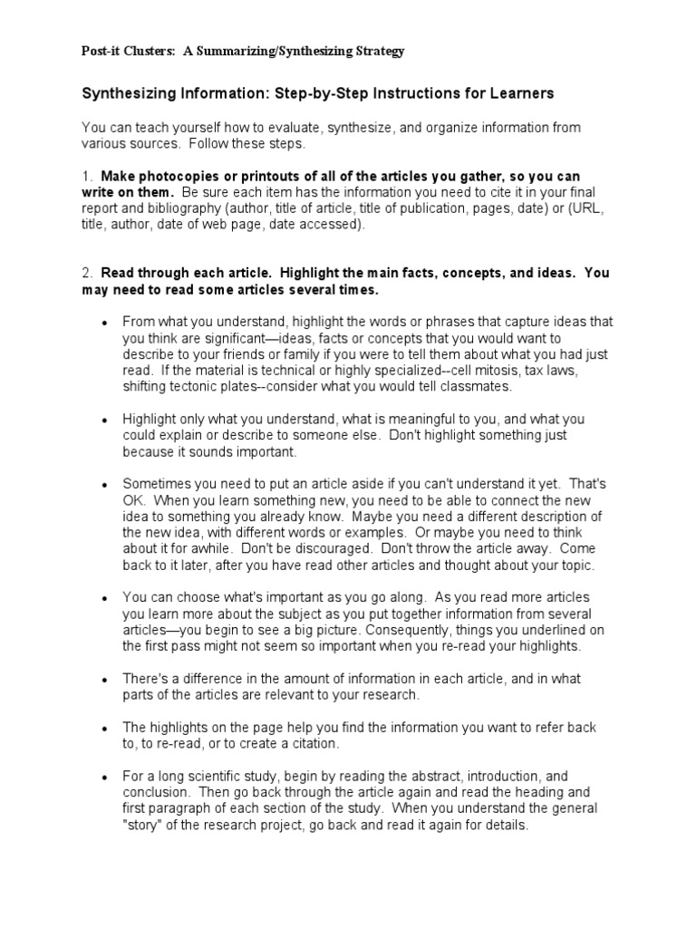 Synthesizing Information: Step-by-Step Instructions For Learners | PDF ...