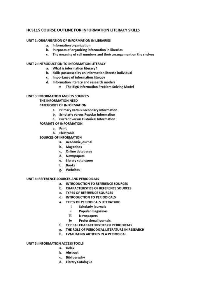 HCS115 Course Outline For Information Literacy Skills | PDF ... HCS115 Course Outline For Information Literacy Skills | PDF ...