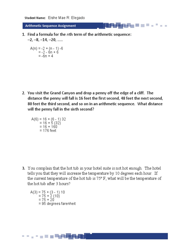 Arithmetic Sequence Assignment: Eishe Mae R. Elegado | PDF | Teaching Methods & Materials