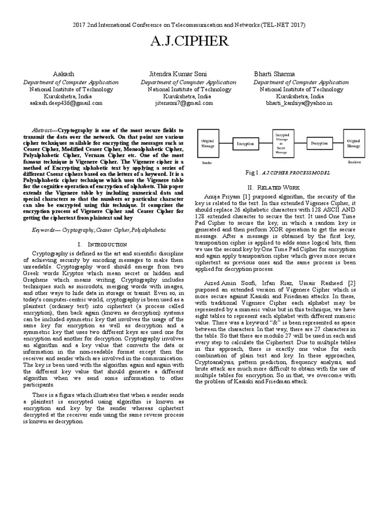 A.J.Cipher: Aakash Jitendra Kumar Soni Bharti Sharma | PDF | Cipher | Encryption