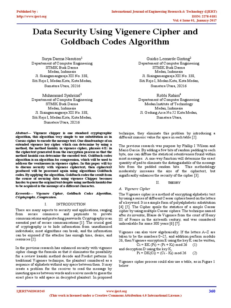 Data Security Using Vigenere Cipher and Goldbach Codes Algorithm | PDF ...