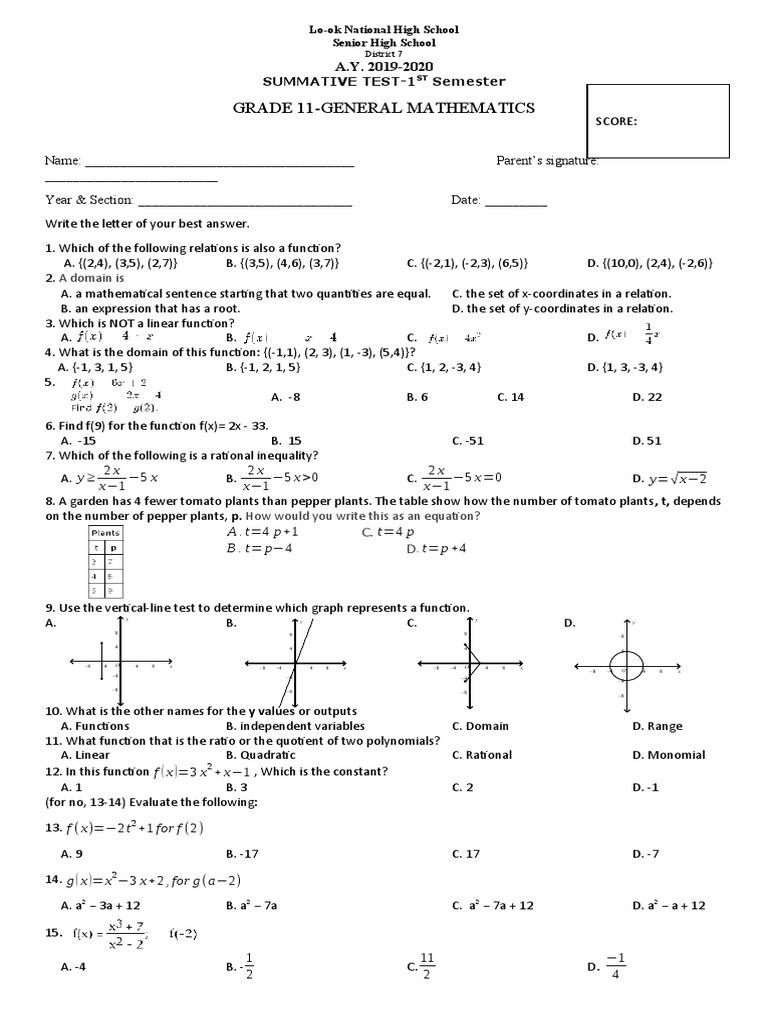 Grade 11-General Mathematics: Summative Test-1 Semester | PDF ...