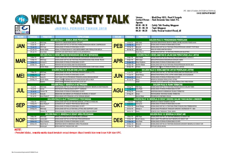Weekly Safety Talk Schedule | PDF