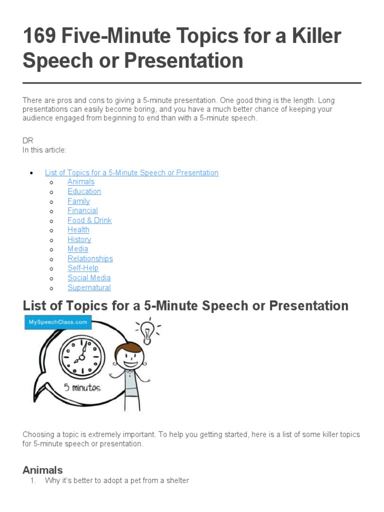 List of Topics For A 5-Minute Speech or Presentation | PDF | Pet ...