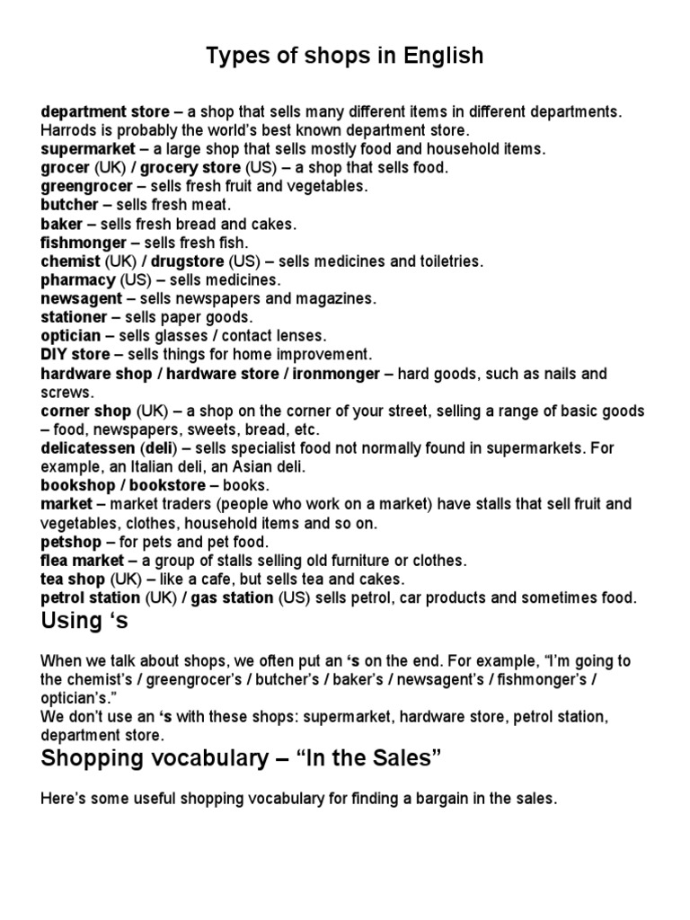 Types of Shops in English | Download Free PDF | Delicatessen | Grocery ...