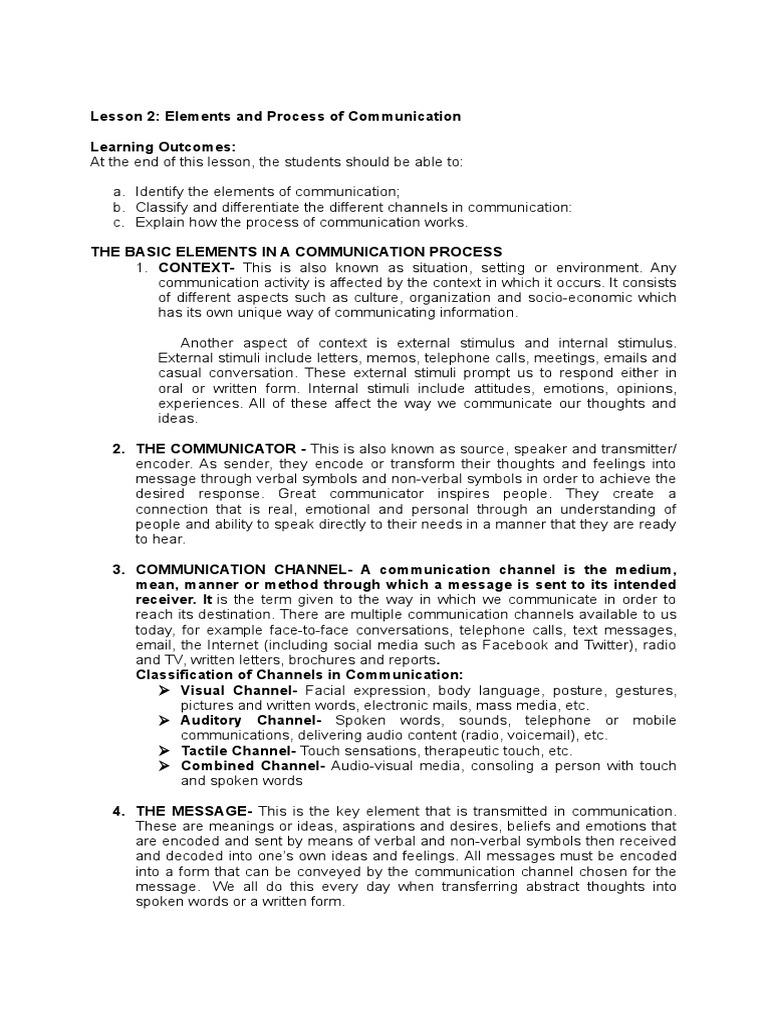 Lesson 2 - Elements and Process of Communication | PDF | Nonverbal ...