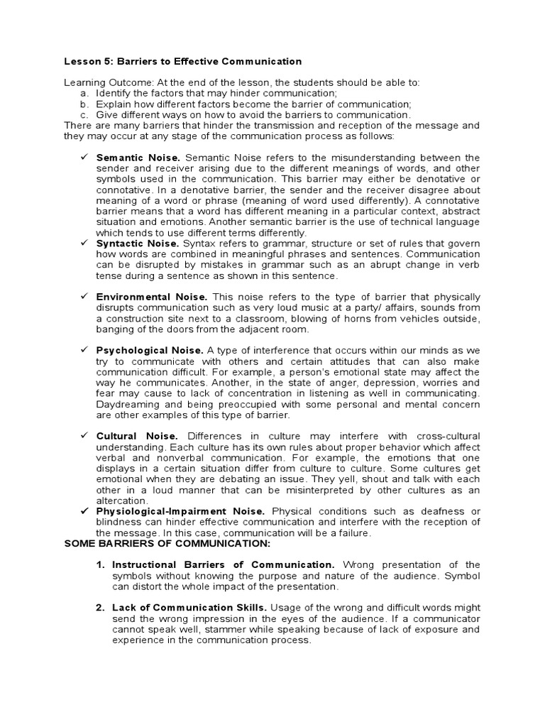 Lesson 5 - Barriers To Effective Communication | PDF | Semantics | Noise