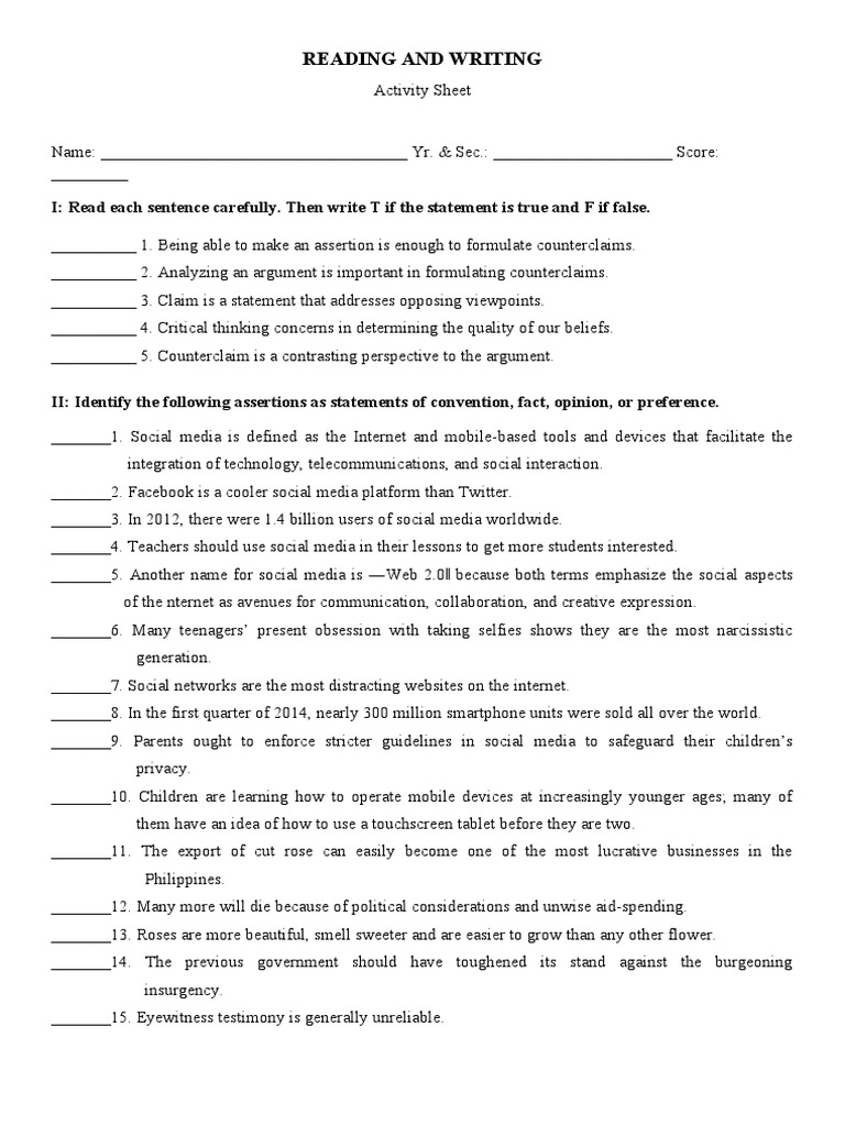 Grade 11 Reading & Writing Activity Sheet | PDF | Social Media ...