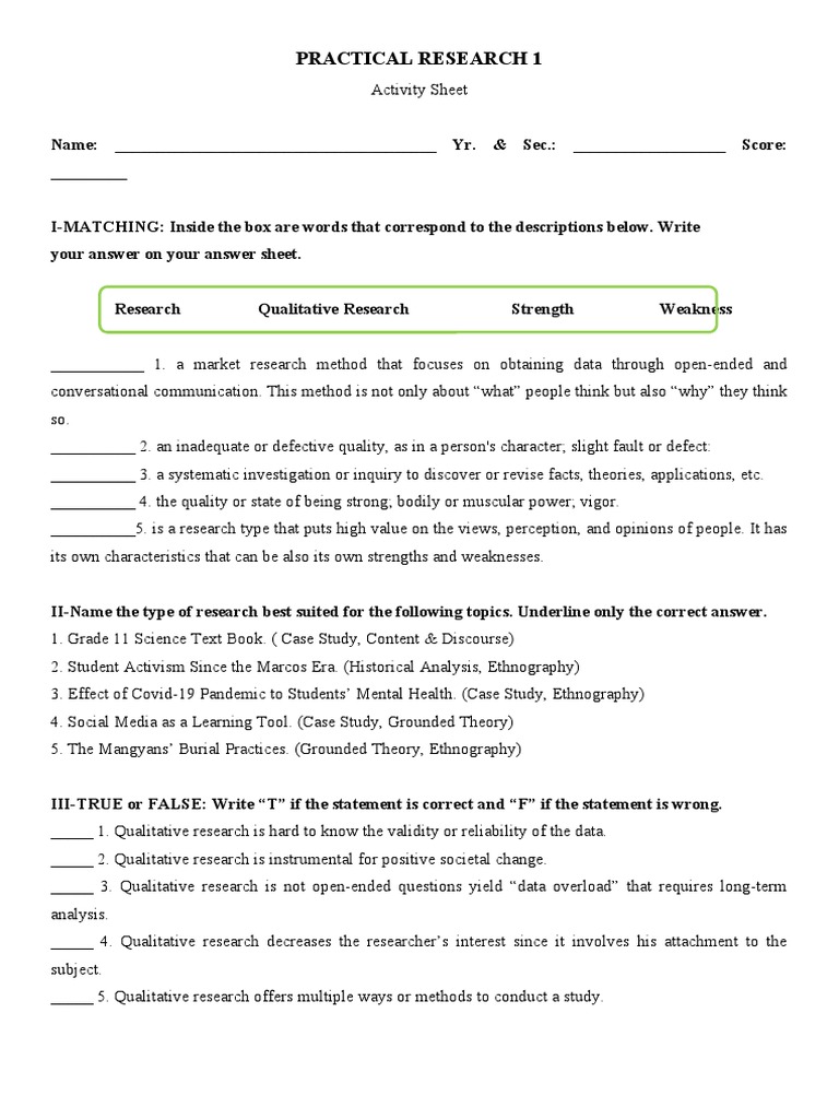 PRACTICAL RESEARCH 1 Activity Sheets Module 6 | PDF | Career & Growth ...