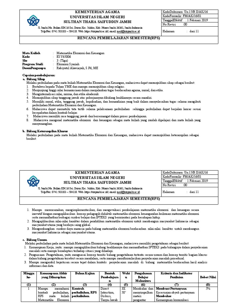 RPS Rabiyatul Matematika Ekonomi Dan Keuangan | PDF