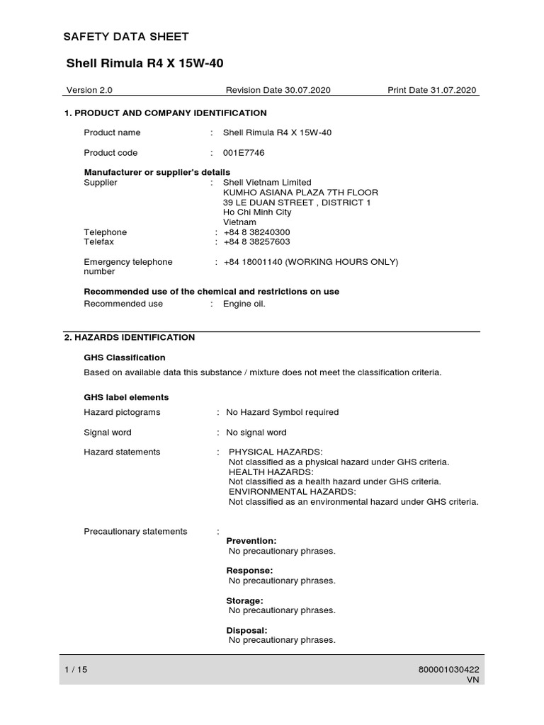Shell Rimula R4 X 15W-40: Safety Data Sheet | PDF | Personal Protective ...