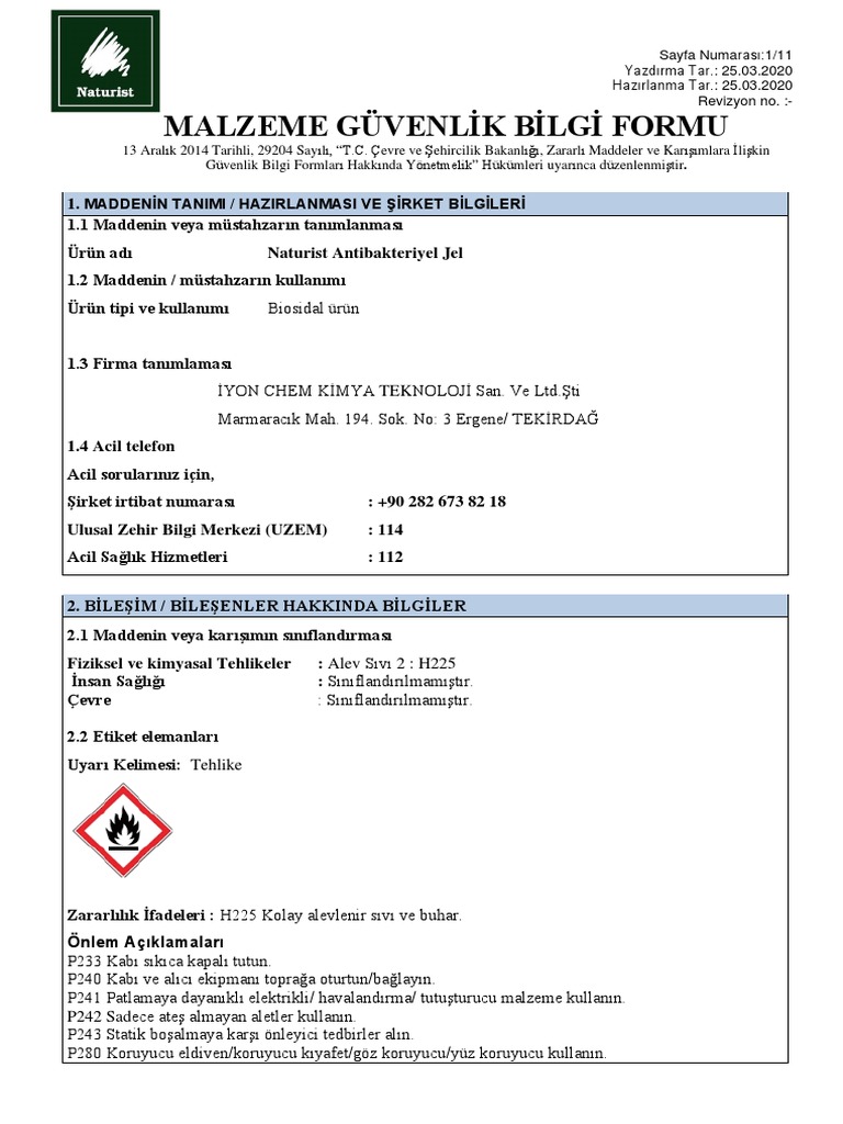 Naturist Antibakteriyel Jel - MSDS - TR | PDF