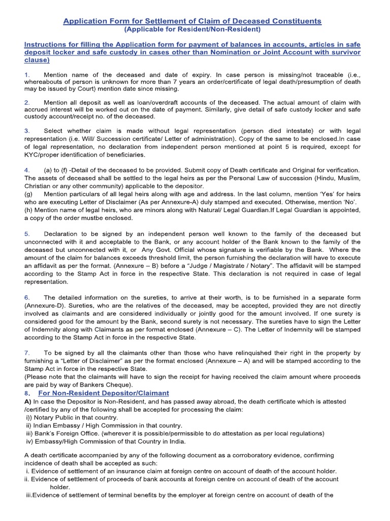 Deceased-Claim-settlement-Form Indian Bank | PDF