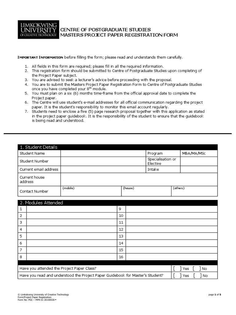 Centre of Postgraduate Studies Masters Project Paper Registration Form ...
