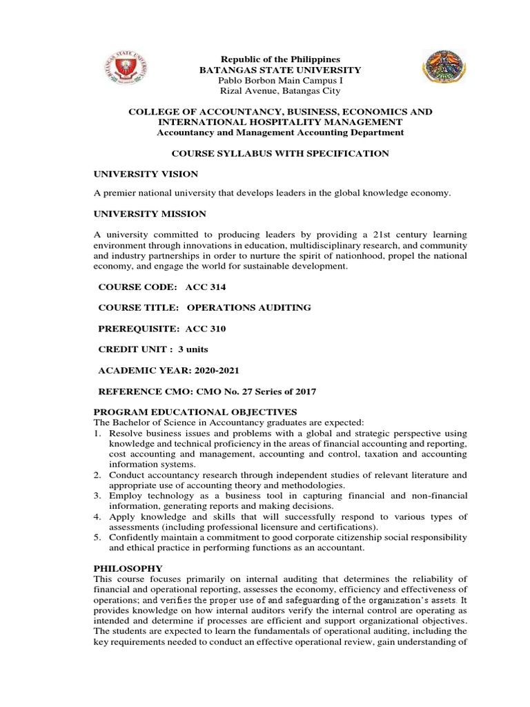ACC 314 Syllabus - 2020-2021 2nd Sem | PDF | Internal Control | Audit