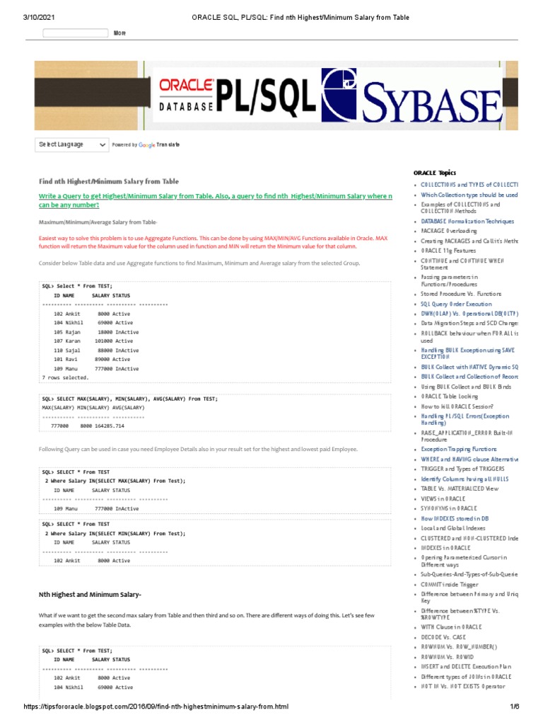 ORACLE SQL, PL - SQL - Find NTH Highest - Minimum Salary From Table ... ORACLE SQL, PL - SQL - Find NTH Highest - Minimum Salary From Table ...